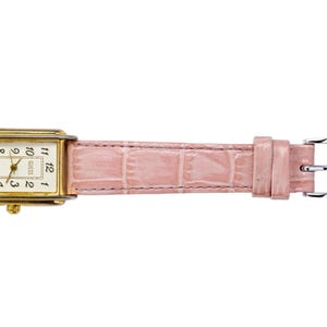 Guess Ladies Tank Wrist Watch Gold Tone Hirch Pink Band Genuine Leather ...