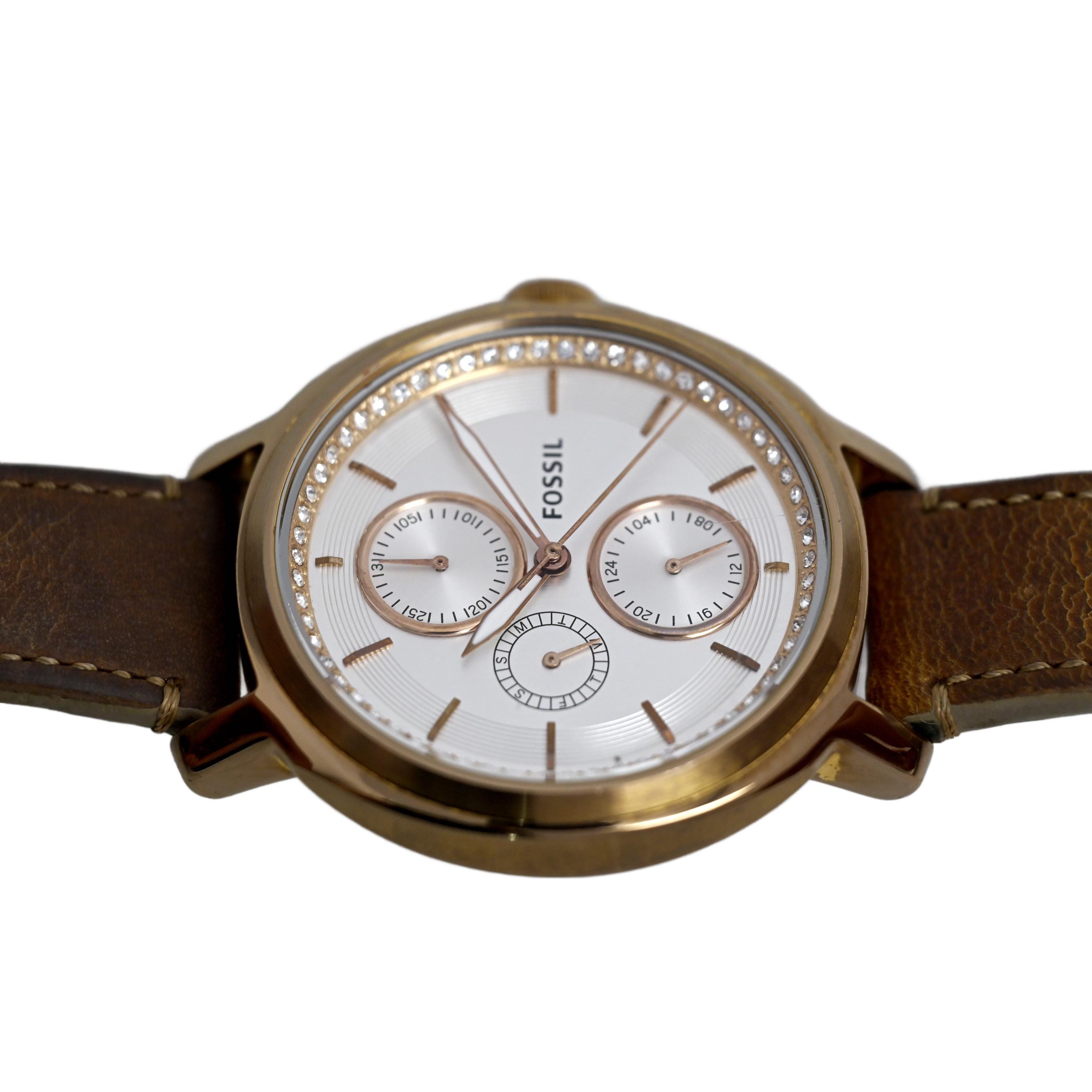 Fossil Unisex Day Date Rose Gold White Dial Diamond Bezel Genuine ...