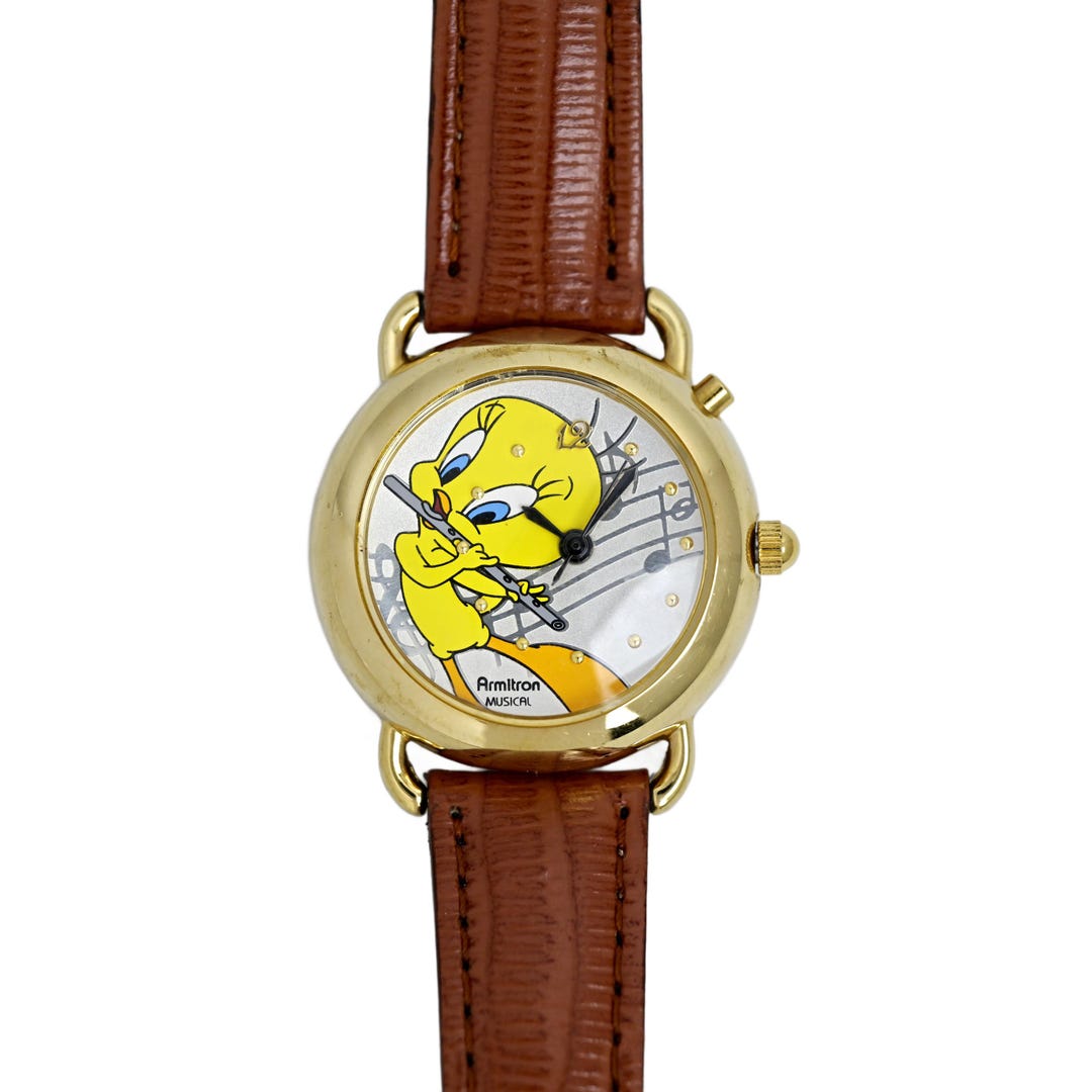 Tweety Bird Armitron Singing Watch Gold Plated Ladies Lizard Brown ...