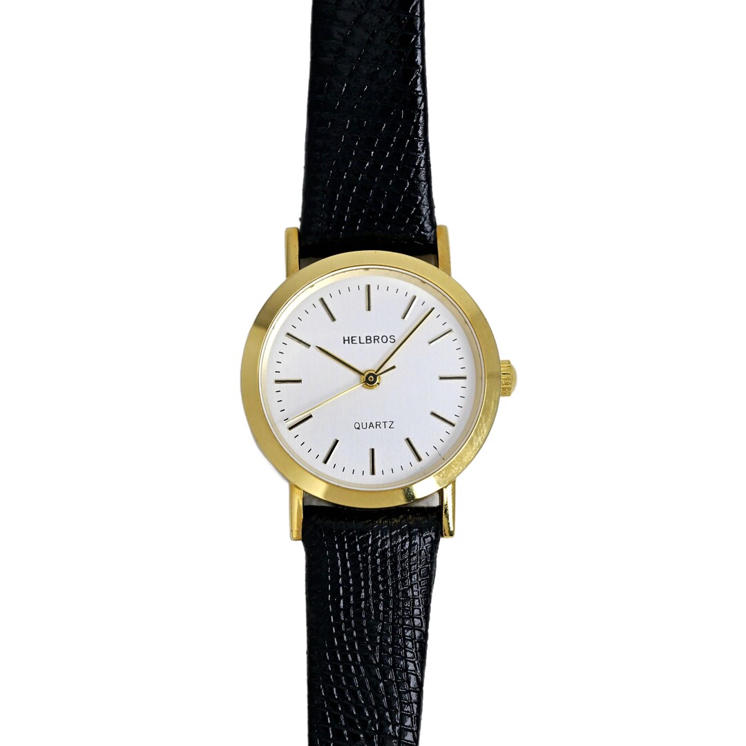 Helbros Ladies Gold Plated Vintage 90's Watch White Dial Black Leather ...