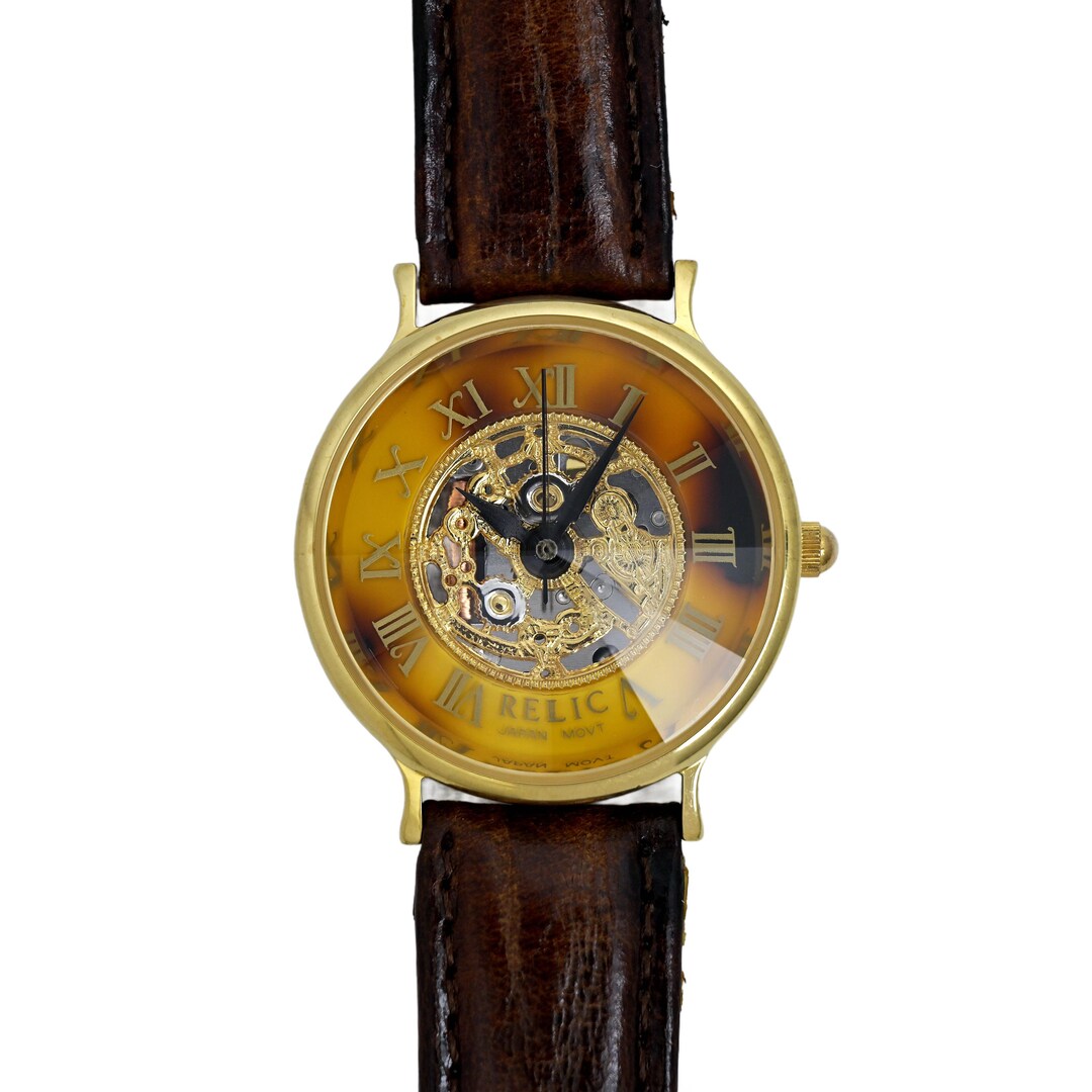 Relic Ladies Gold Plated Skeleton Dial Faceted Crystal Wrist Watch ...