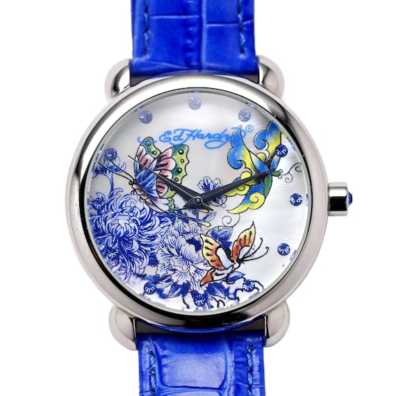 Ed Hardy Blue Butterflies Dial Blue Wrist Watch 42mm Gem