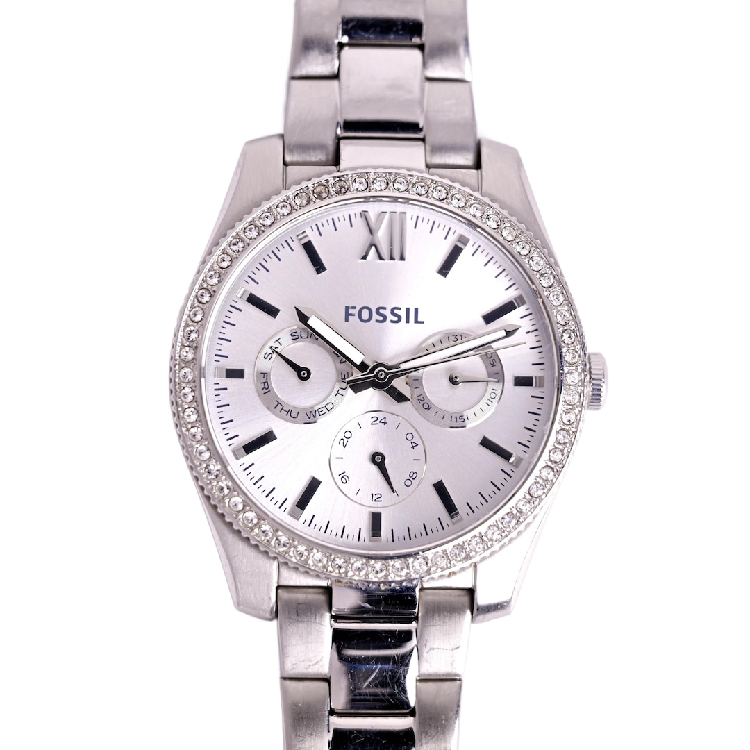 Fossil Diamond Bezel Ladies Wrist Watch Stainless Steel Day Date 38mm ...
