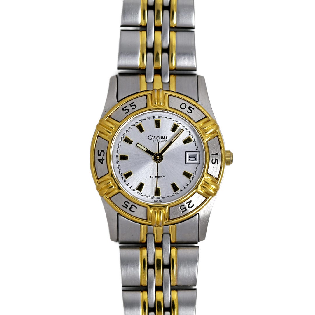 Caravelle Bulova Ladies Two Tone Diver Watch White Dial Gold Plated ...