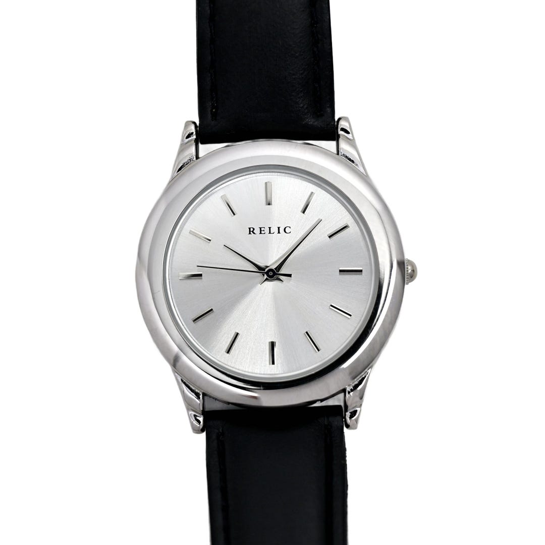 Relic Unisex Sunburst White Dial Wrist Watch Genuine Black Leather ...