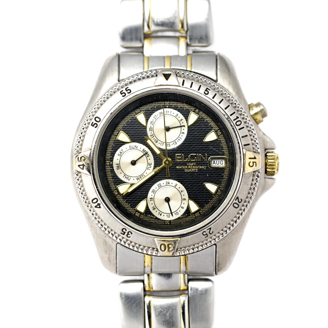 Elgin Triple Calender Divers Watch Two Tone Black Dial Quartz - Etsy