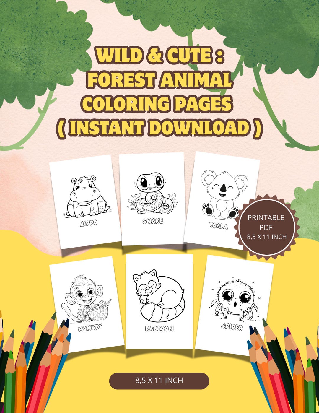 Wildlife Coloring Pages for Kids Ages 4-8 – Cute Jungle & Forest ...