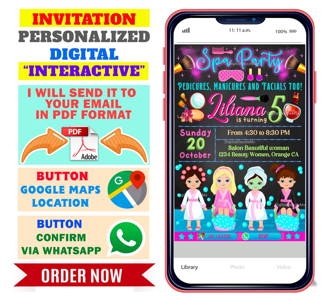 Spa Party Invitation SMART Digital INTERACTIVE With Buttons: - Etsy