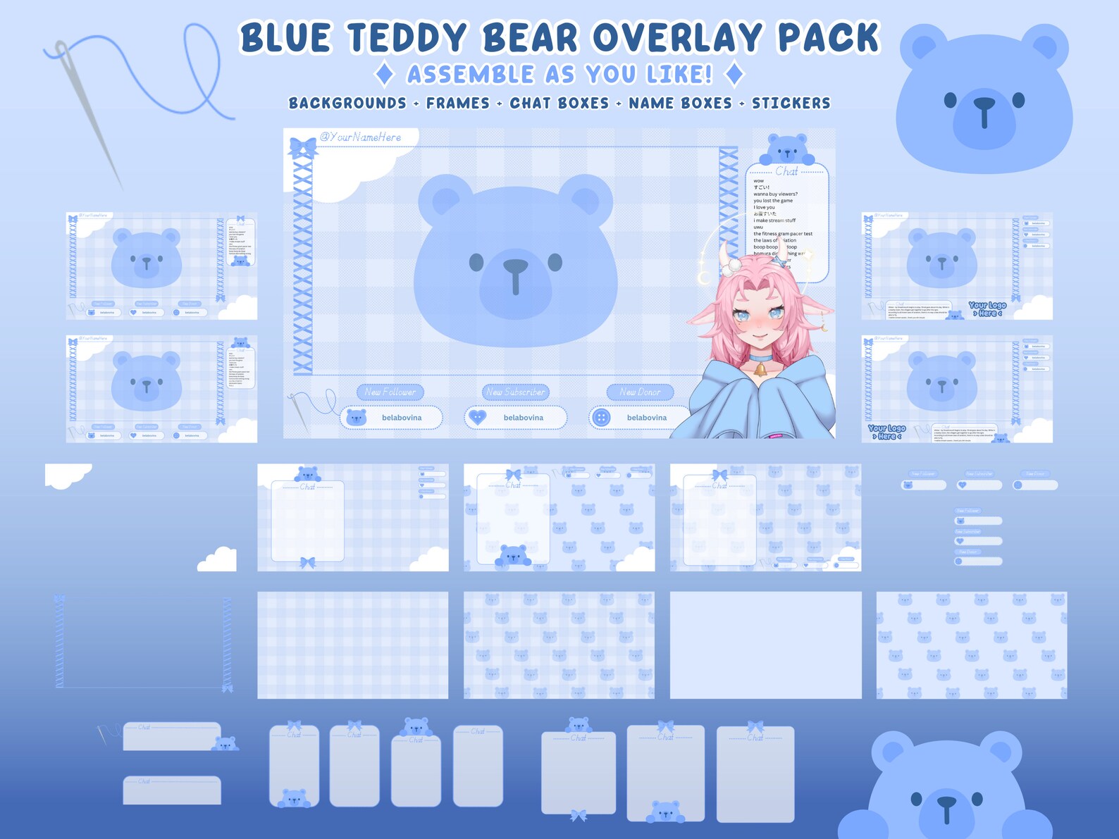 Cozy Blue Teddy Bear Overlay Pack (streaming Assets) - Stream Overlay ...