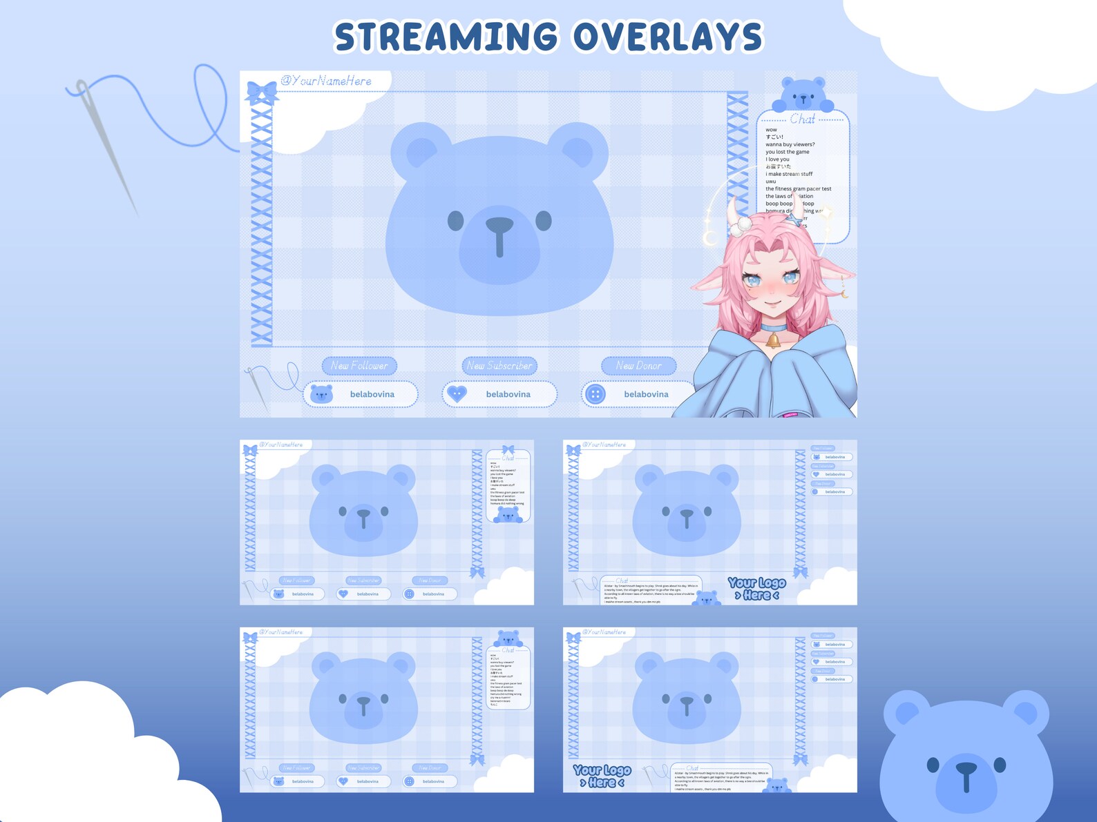 Cozy Blue Teddy Bear Overlay Pack (streaming Assets) - Stream Overlay ...