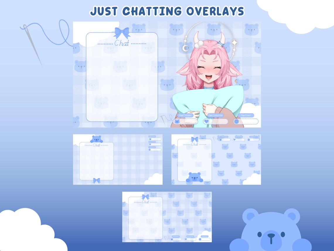 Cozy Blue Teddy Bear Overlay Pack (streaming Assets) - Stream Overlay ...
