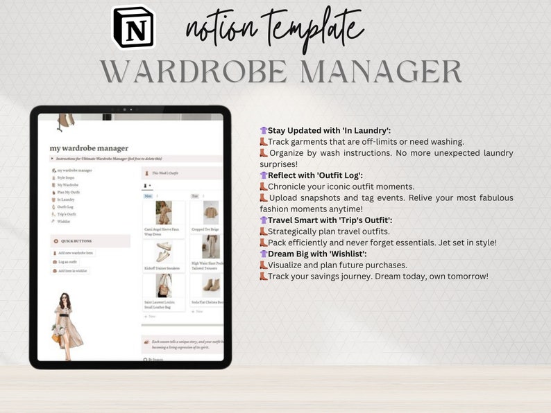 Notion Wardrobe Manager. Notion Outfit Planner, Aesthetic Notion Planner, Notion Dashboard ...