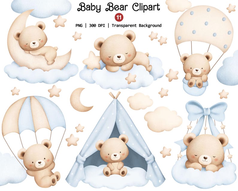 Cute Baby Bear Clipart, Watercolor Baby Boy Teddy Bear PNG, Unique Blue ...