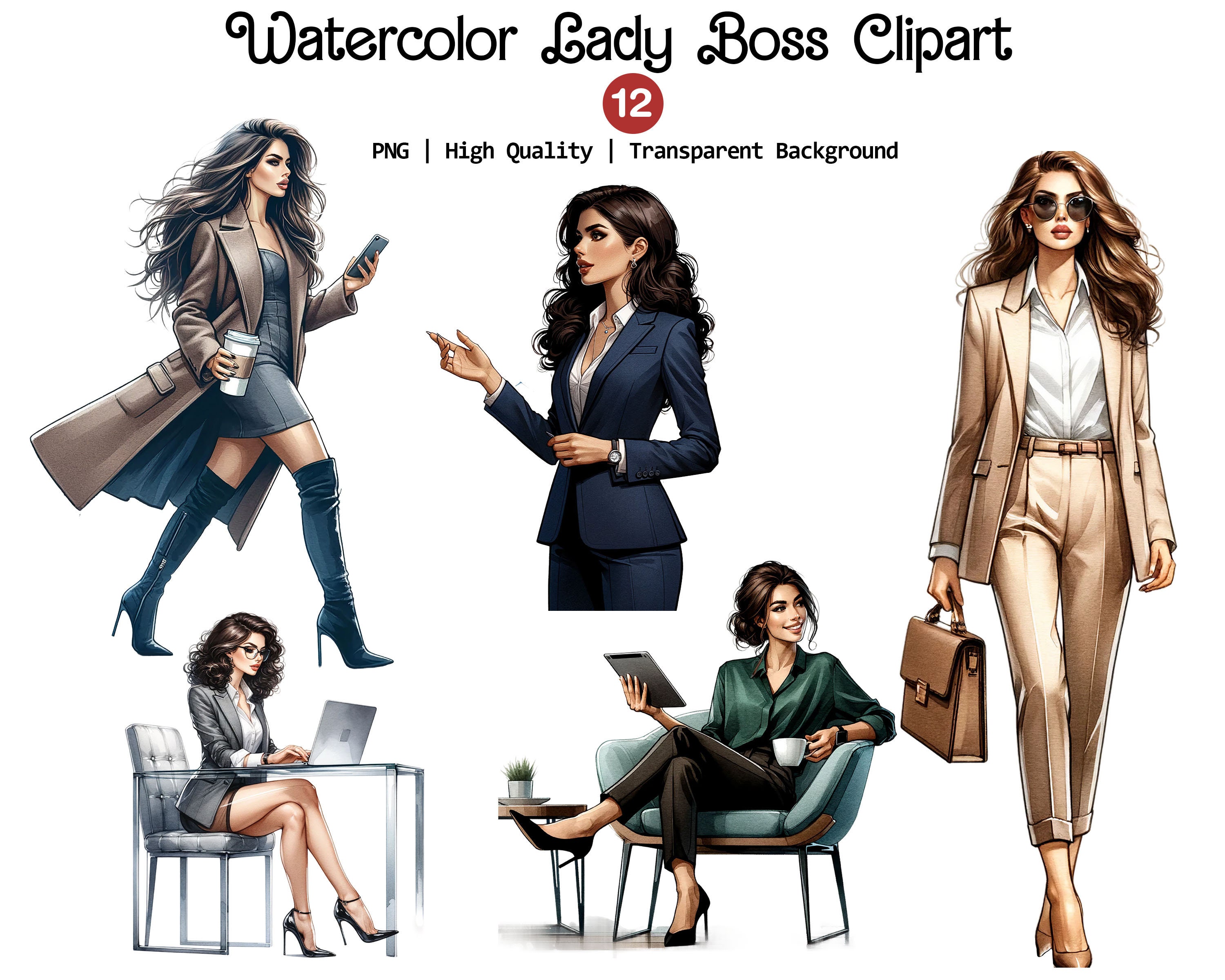 Lady Boss Clipart, Watercolor Business Woman PNG, Unique Girl Boss ...