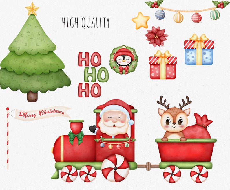 Christmas Train Clipart Bundle, Cute Santa & Winter Animals PNG ...