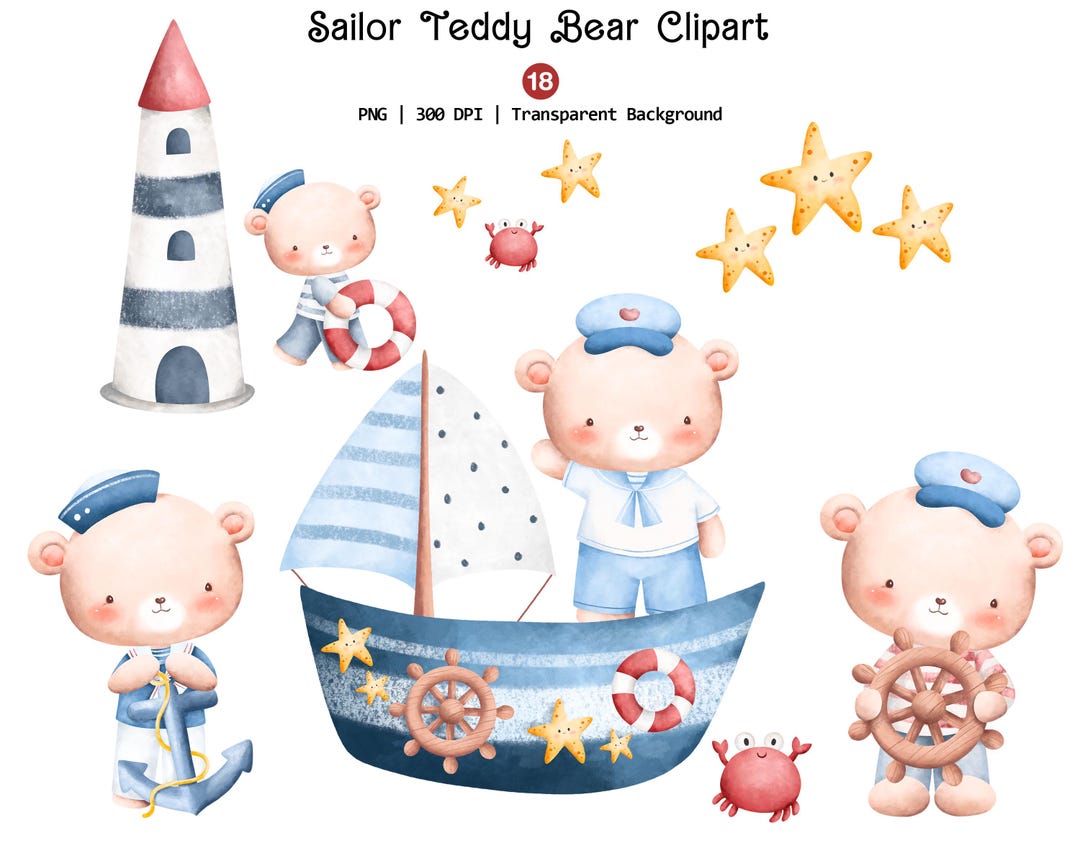 Sailor Teddy Bear Clipart, Watercolor Sailor Baby Bear Png, Nautical ...
