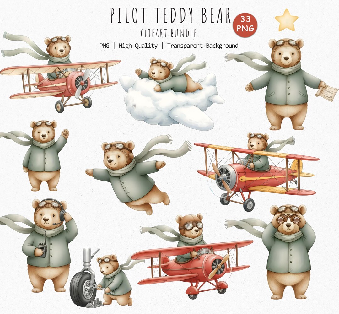 Pilot Teddy Bear Clipart, Aviator Bear PNG, Aviation Nursery Clip Art ...