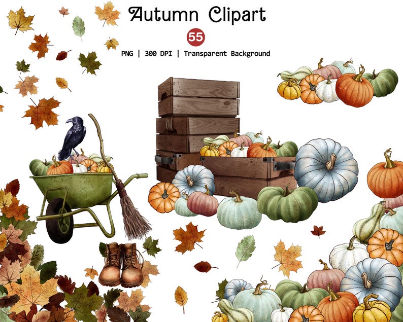 Autumn Clipart, Unique Pumpkin PNG, Leaves Clipart, Cozy Autumn PNG ...