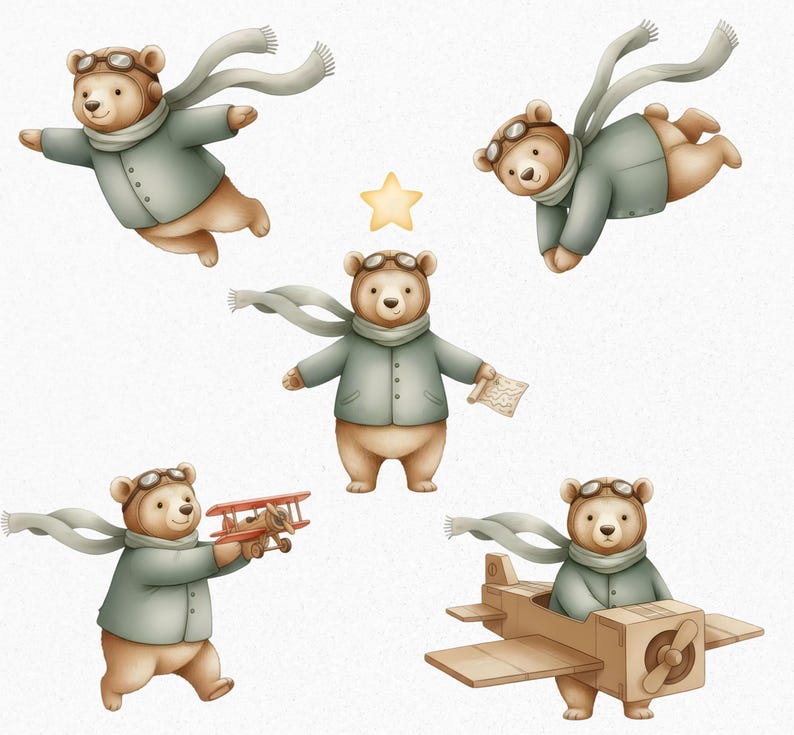 Pilot Teddy Bear Clipart, Aviator Bear PNG, Aviation Nursery Clip Art ...