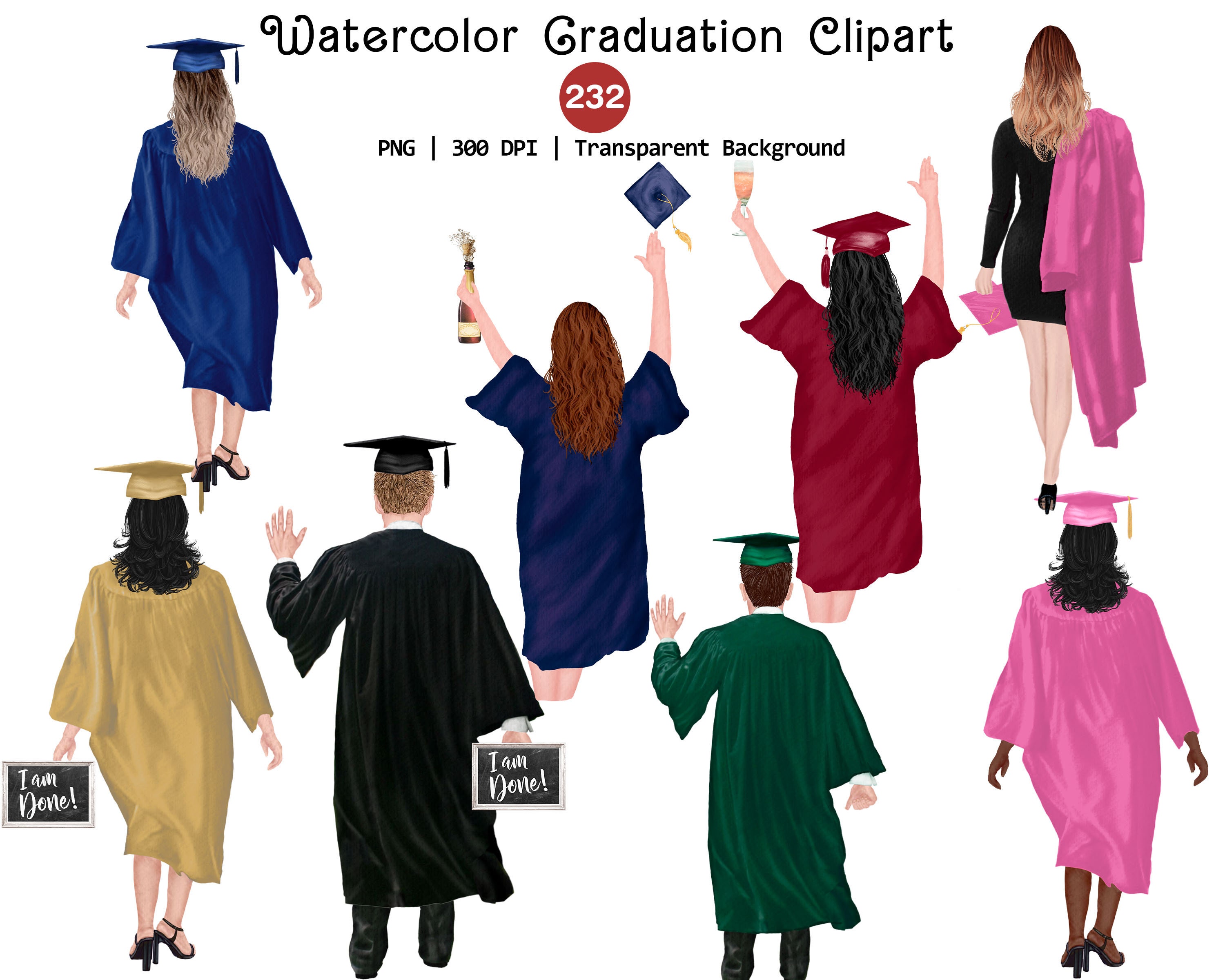 Watercolor Graduation Clipart Bundle, Unique Woman & Man Graduation ...