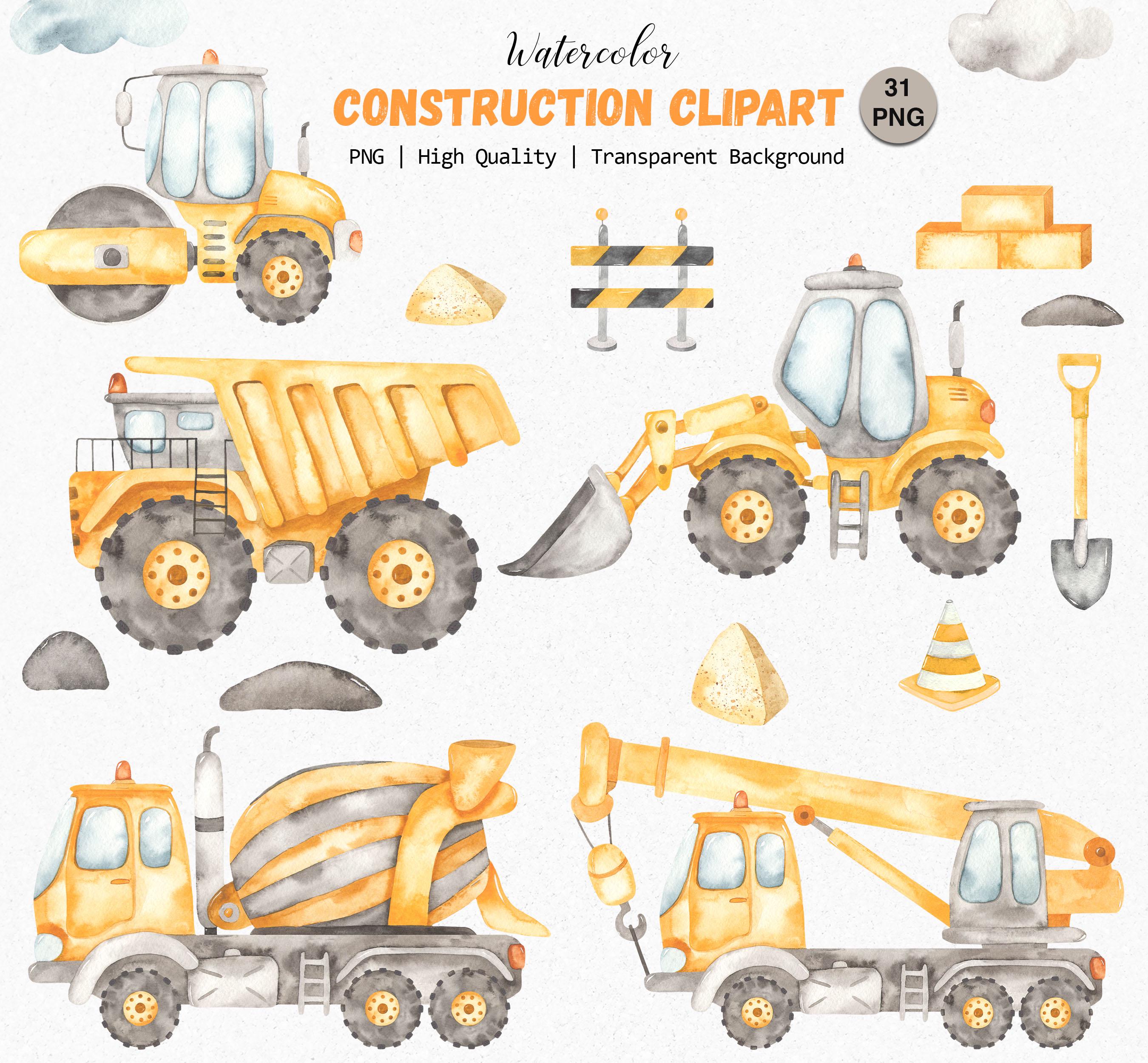 Watercolor Construction Clipart, Kids Builder Trucks, Birthday Party ...