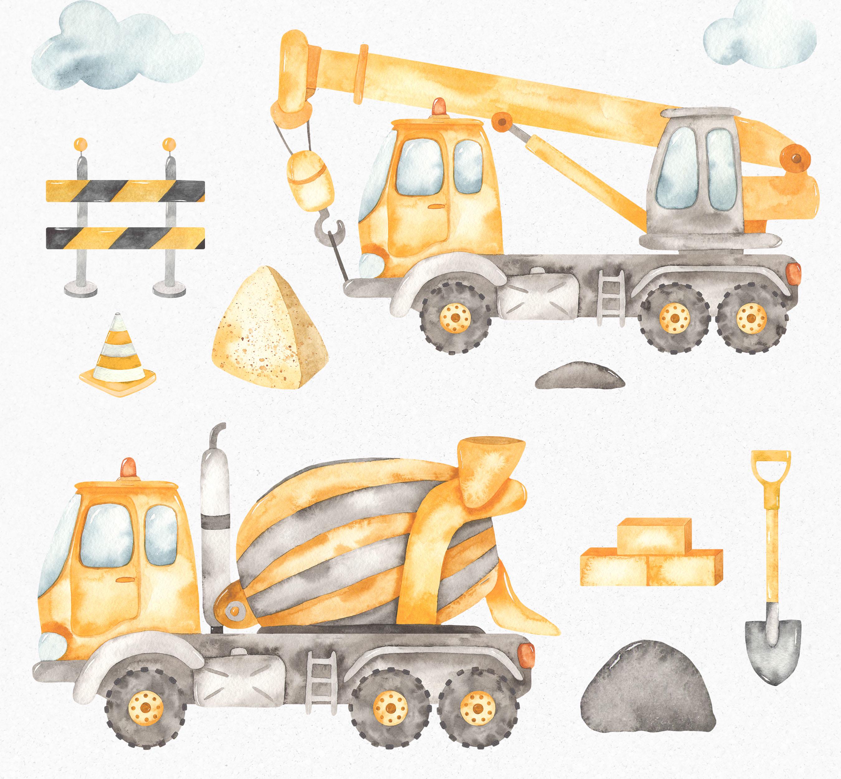 Watercolor Construction Clipart, Kids Builder Trucks, Birthday Party ...