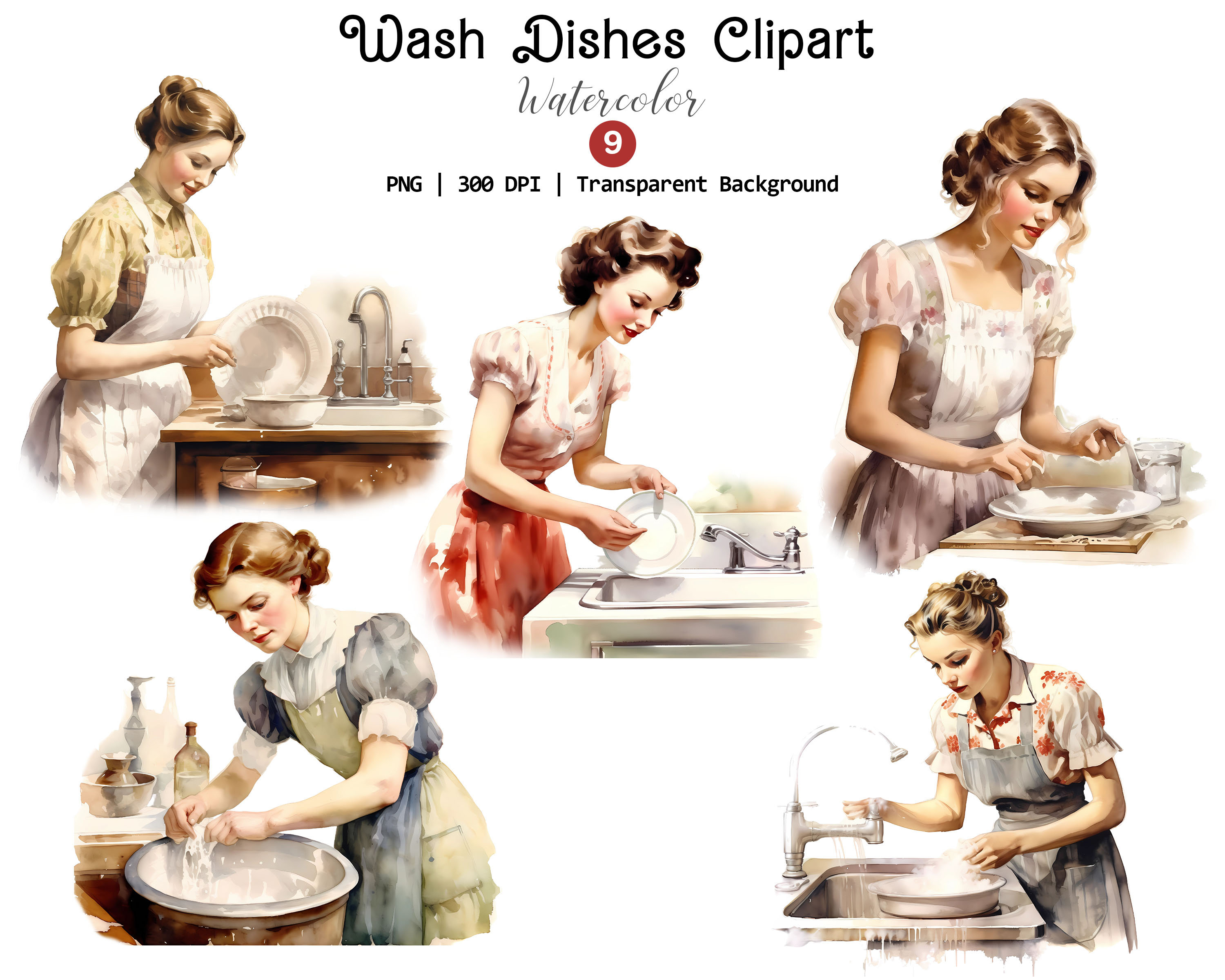 Wash Dishes Clipart, Watercolor Washing Dishes Clip Art, Vintage Woman ...