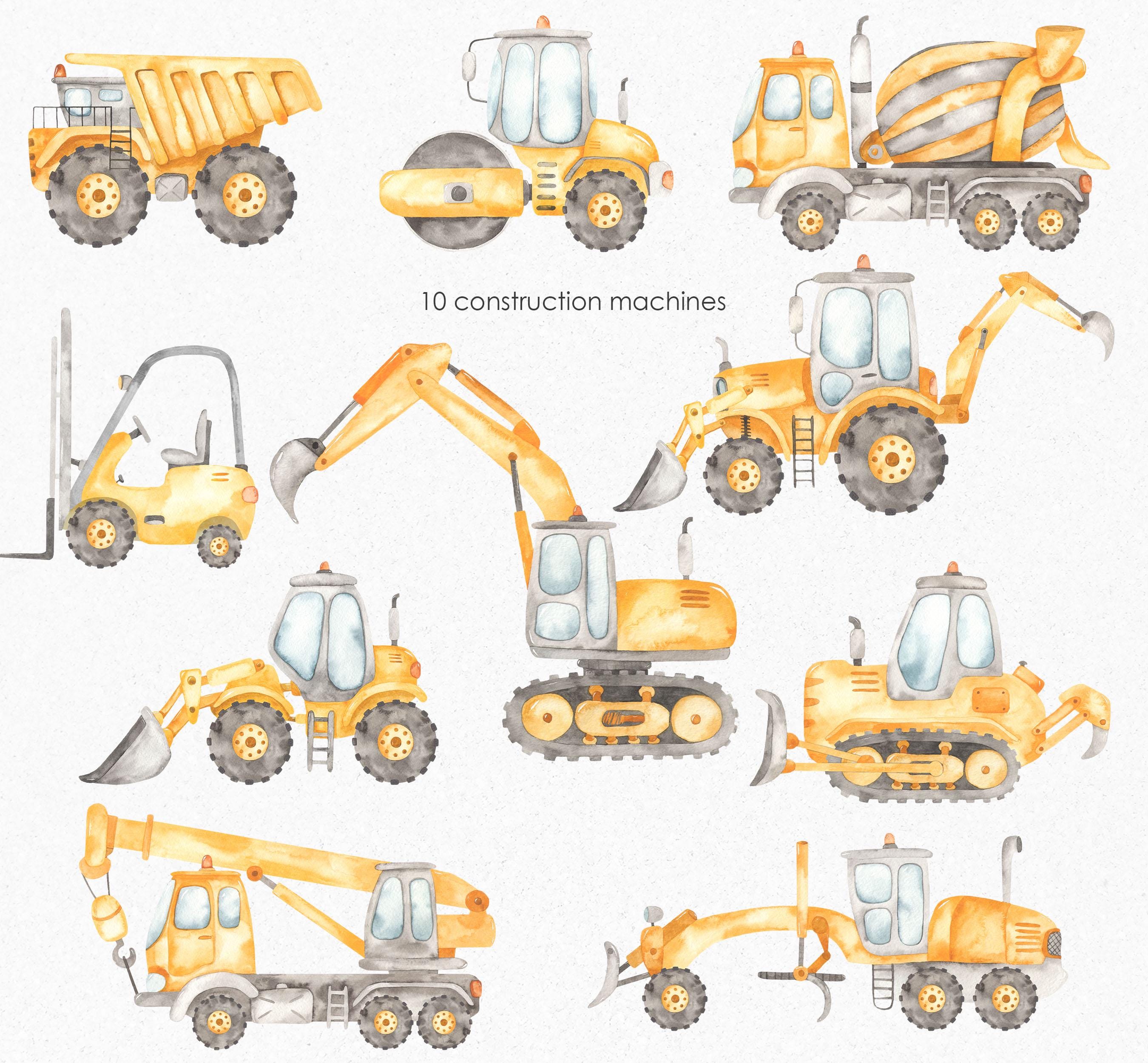 Watercolor Construction Clipart, Kids Builder Trucks, Birthday Party ...