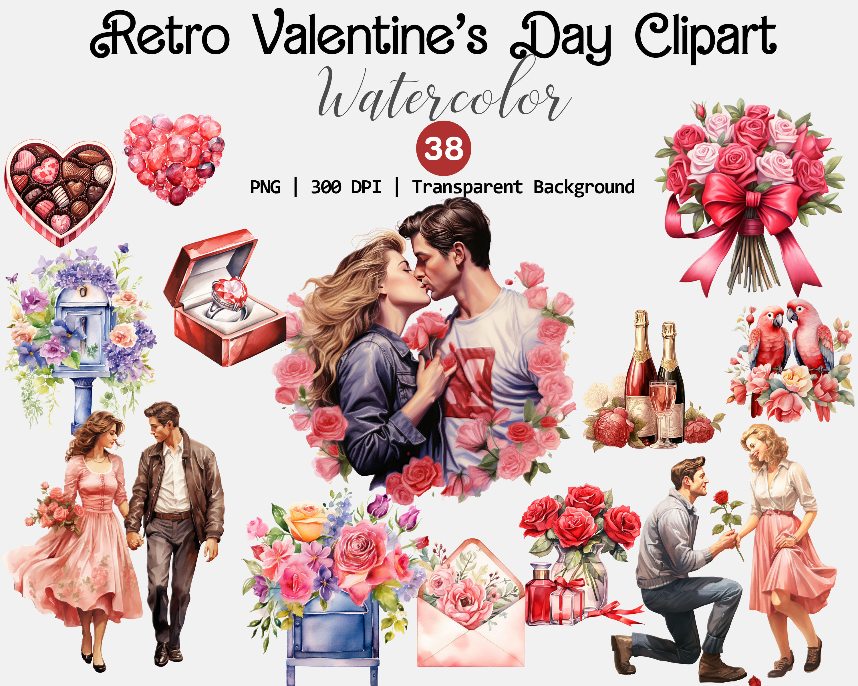 Retro Valentine's Day Clipart, Unique Couple Clipart, Watercolor Love ...