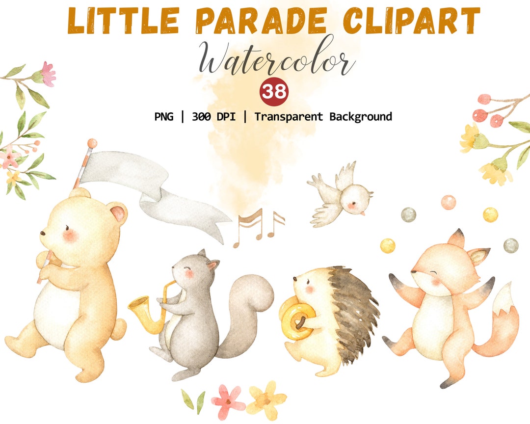 Watercolor Little Parade Clipart, Cute Animals Clipart Png, Unique ...
