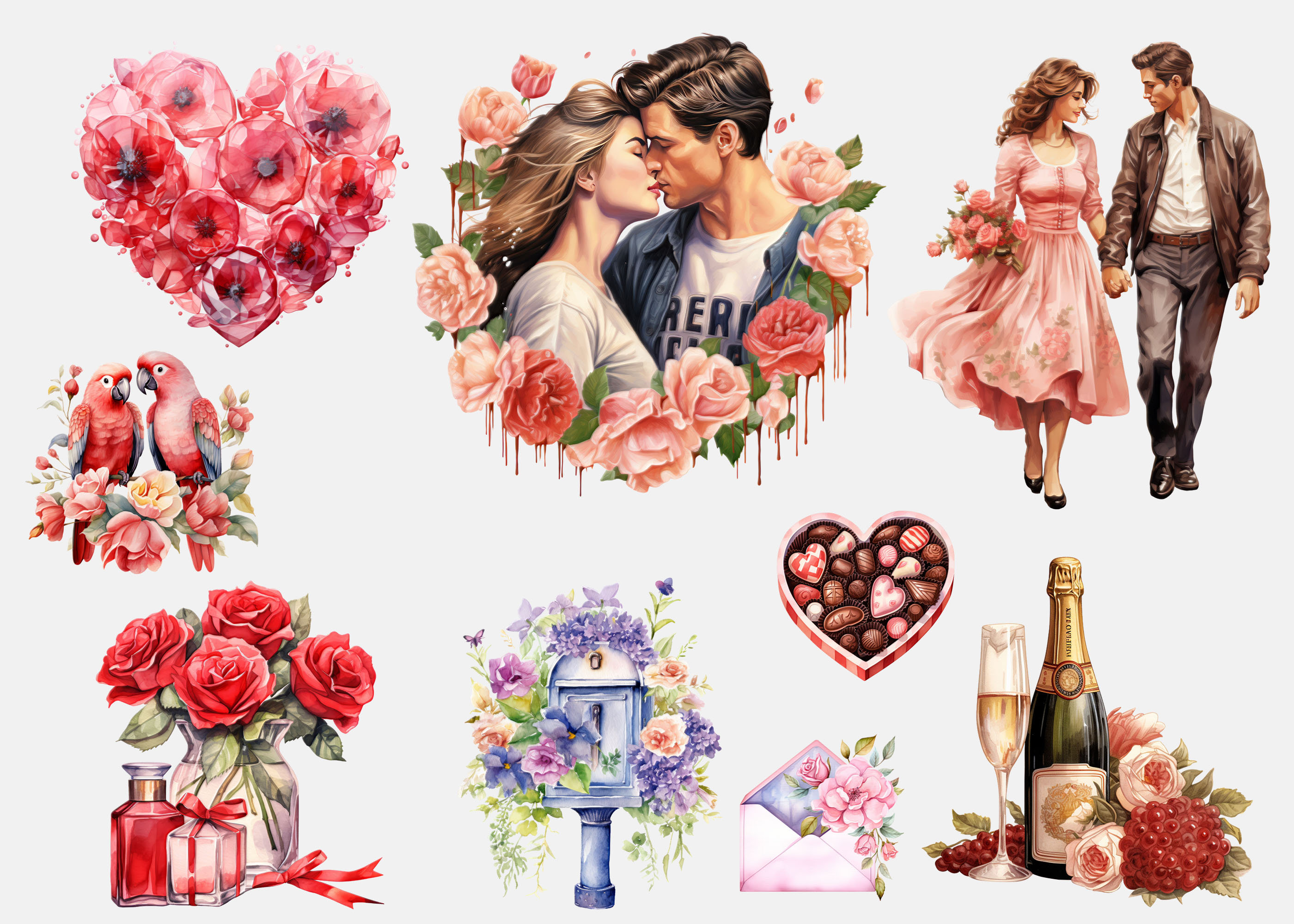 Retro Valentine's Day Clipart, Unique Couple Clipart, Watercolor Love ...