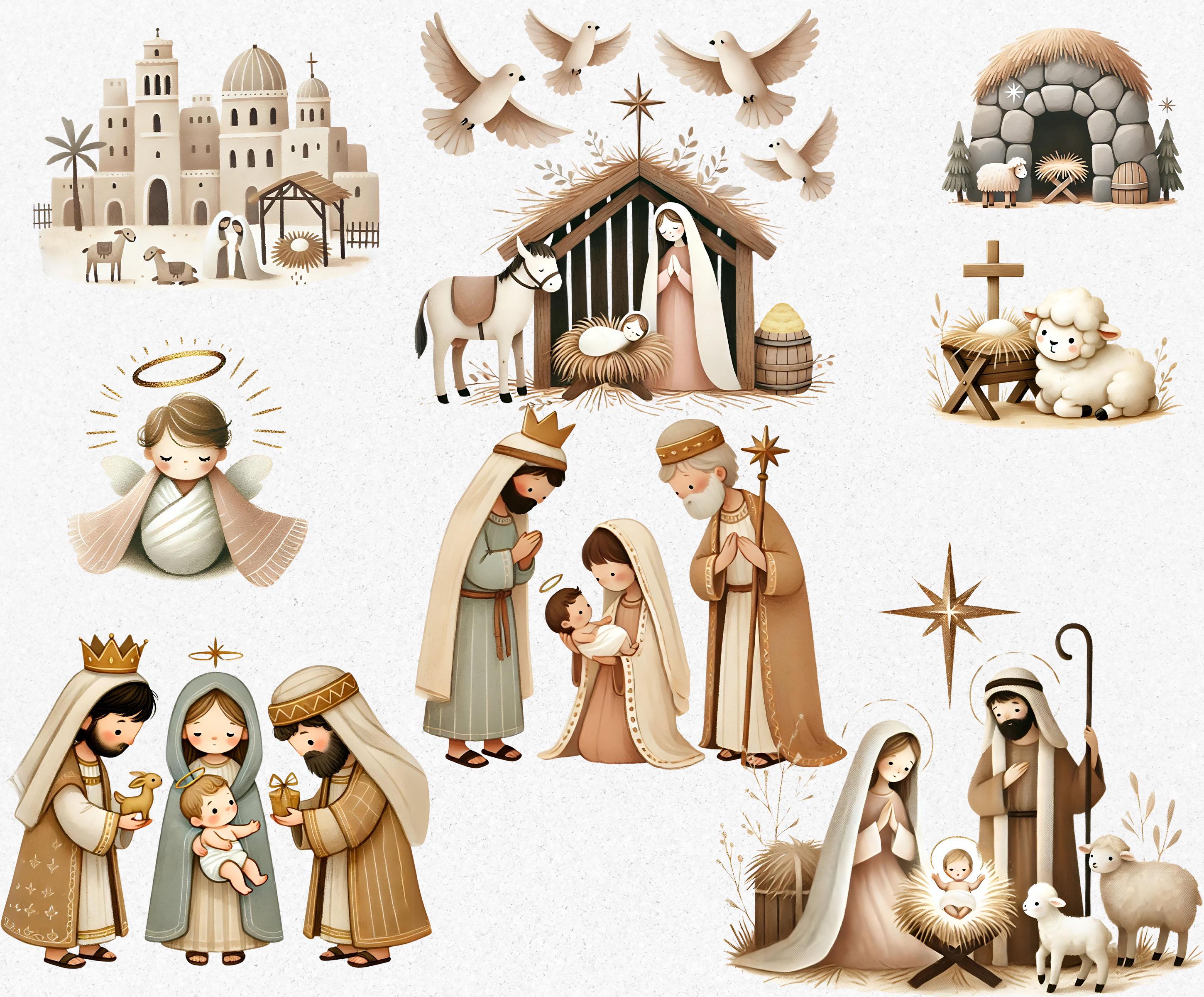 Christmas Nativity Clipart, Cute Holy Family Manger Scene Set, Unique ...