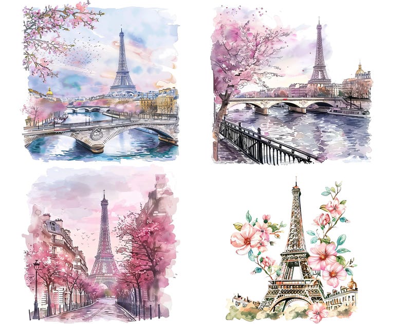 Watercolor Paris Clipart, Unique Paris PNG, Romantic Clipart, Pink ...