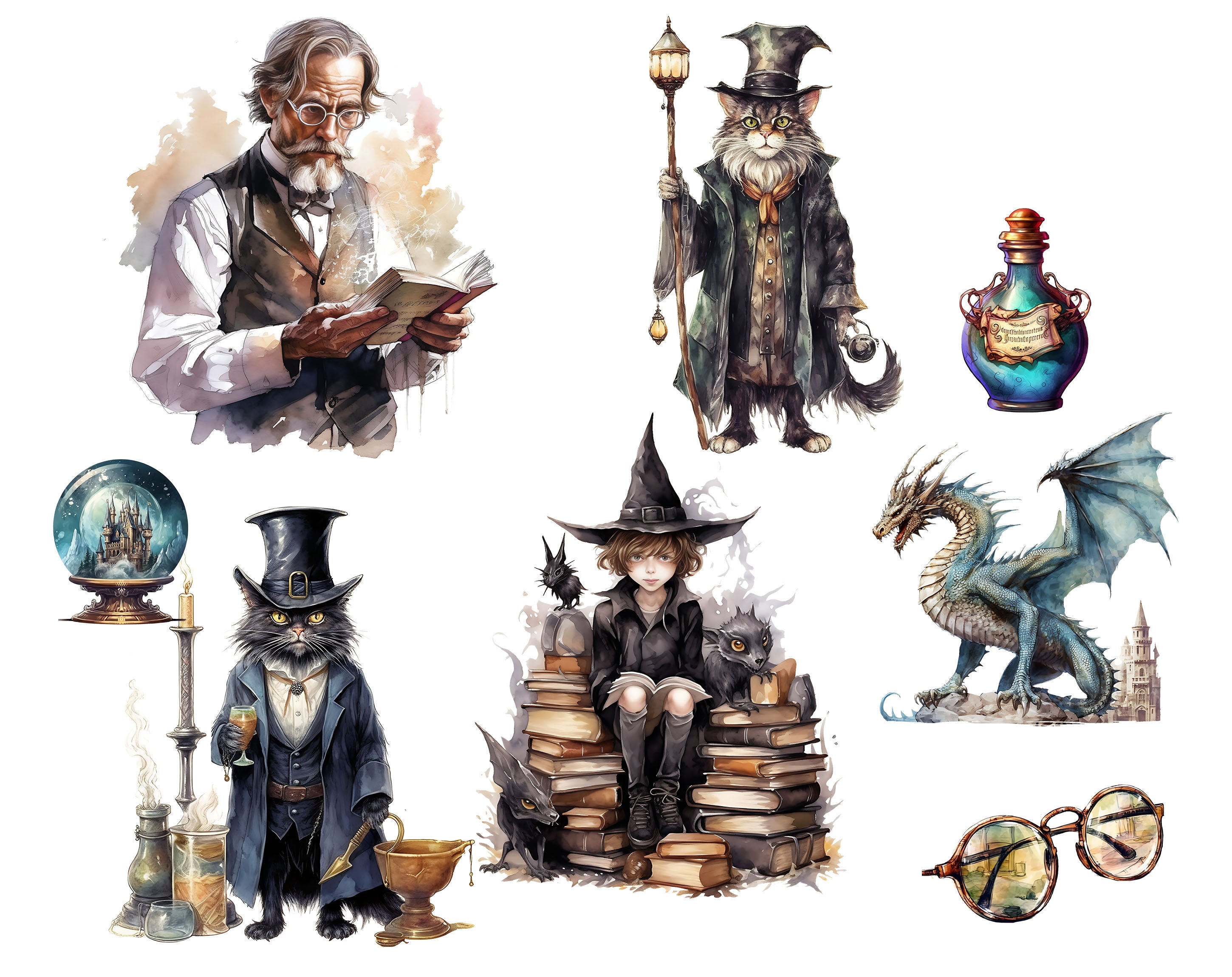 Wizard School Clipart, Watercolor Magic School Items, Wizard Design ...