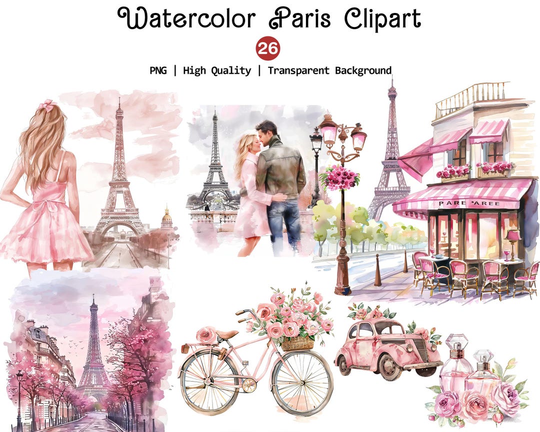 Watercolor Paris Clipart, Unique Paris PNG, Romantic Clipart, Pink ...