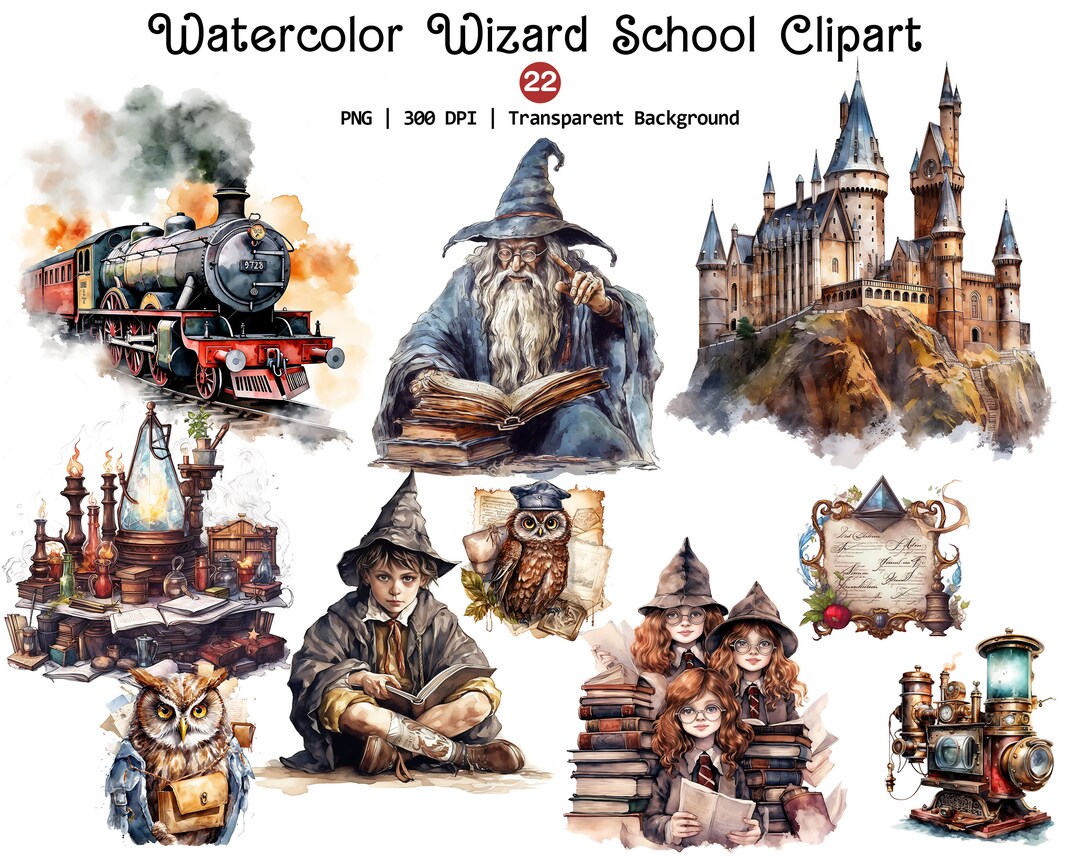 Wizard School Clipart, Watercolor Magic School Items, Wizard Design ...