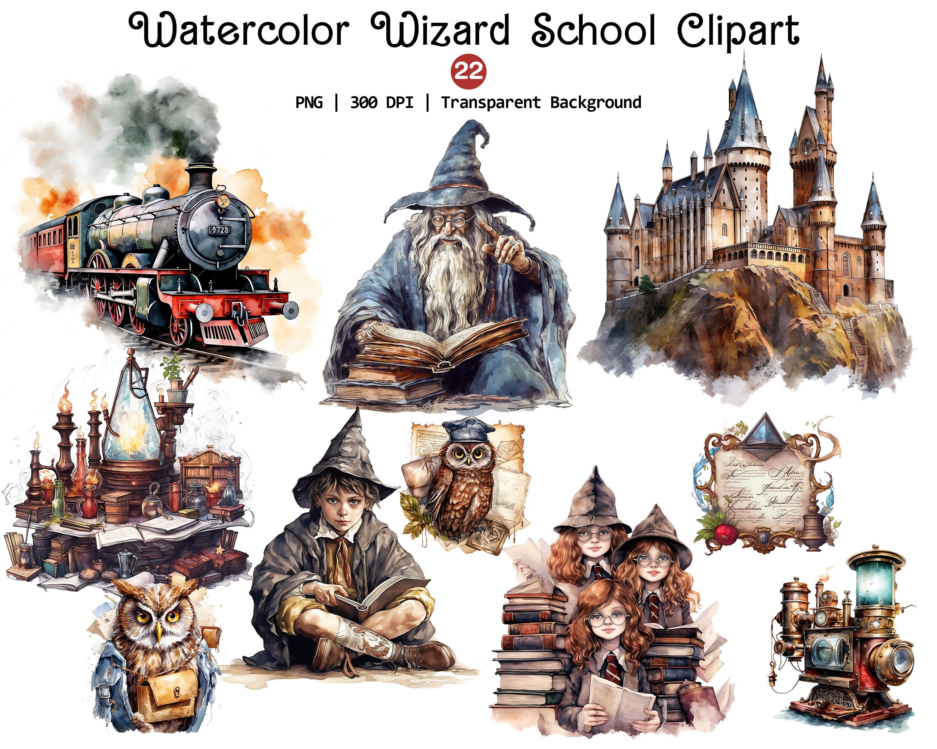 Wizard School Clipart, Watercolor Magic School Items, Wizard Design ...