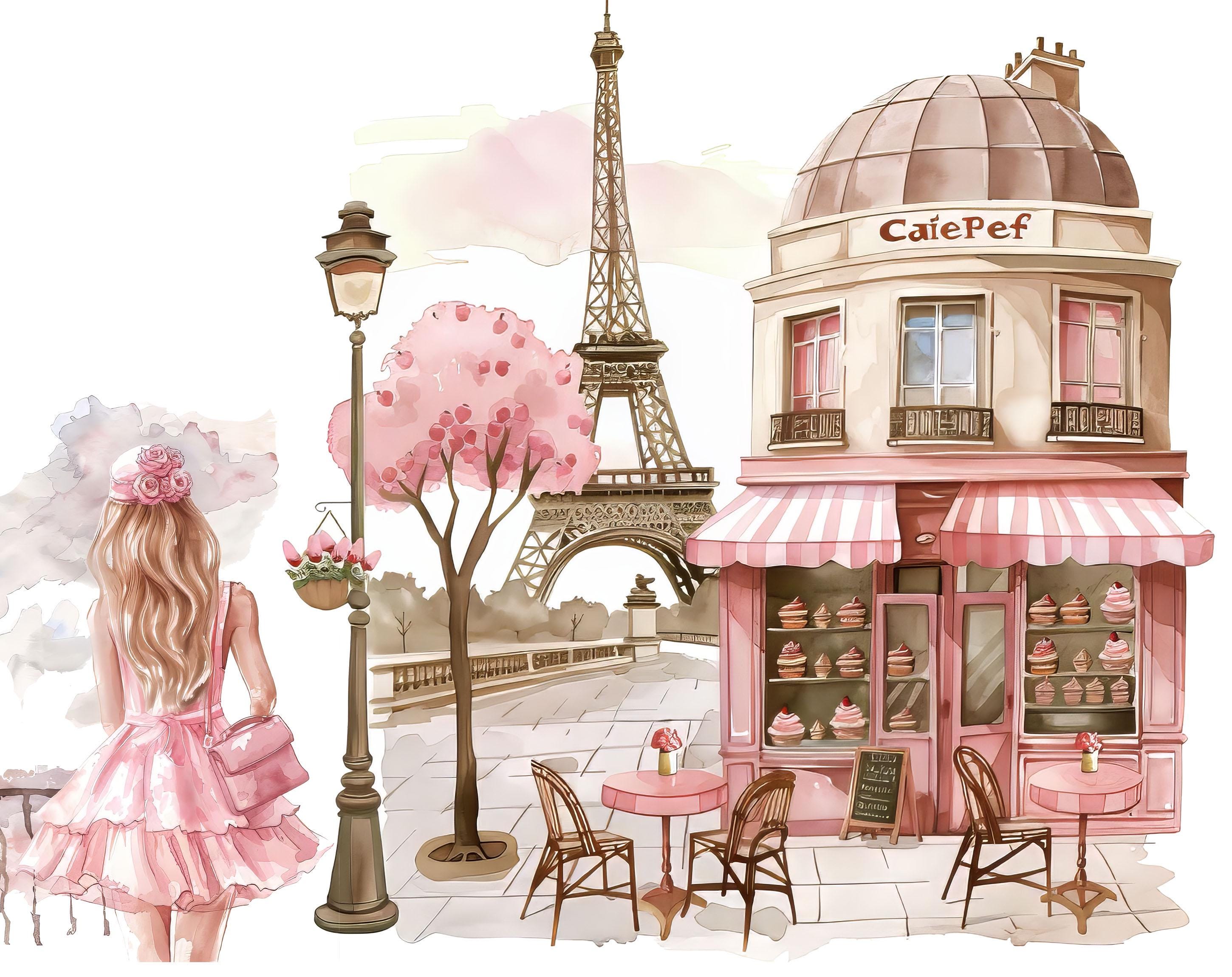 Watercolor Paris Clipart, Unique Paris PNG, Romantic Clipart, Pink ...