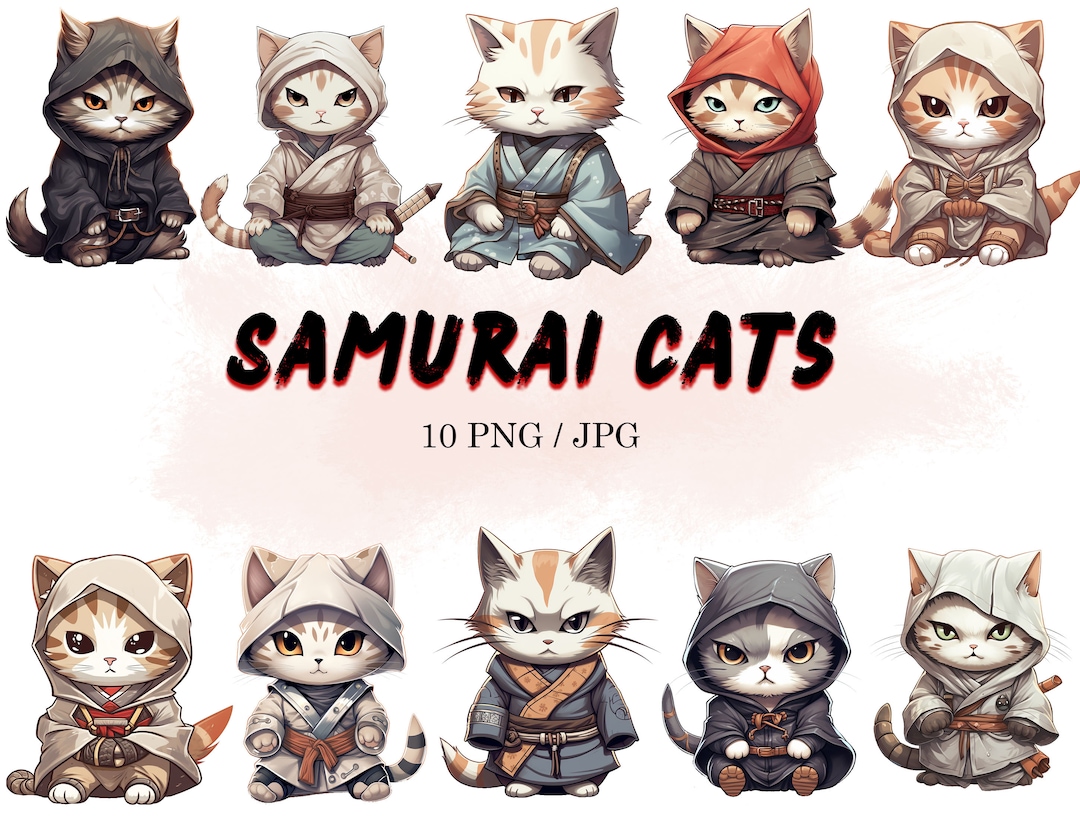 Samurai Cats Clipart, Unique Samurai Kitten PNG, Cute Ninja Cat ...