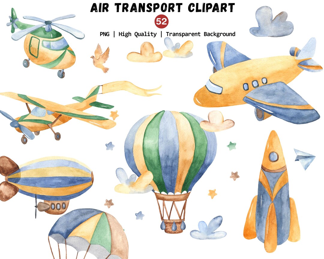 Air Transport Clipart Set, Watercolor Air Transport Png, Unique ...