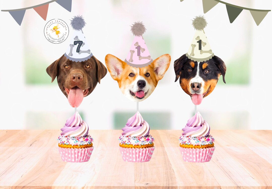 Dog Birthday Photo Cupcake Toppers | Dog Face Toppers | Pet Birthday ...