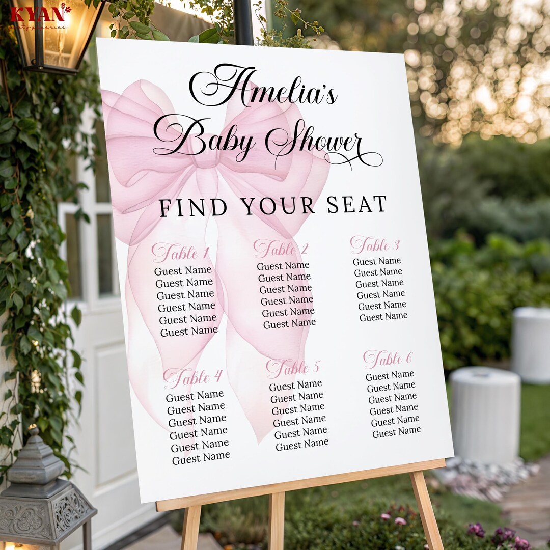Baby Shower Pink Bow Seating Chart Template Girl Baby Shower Seating ...