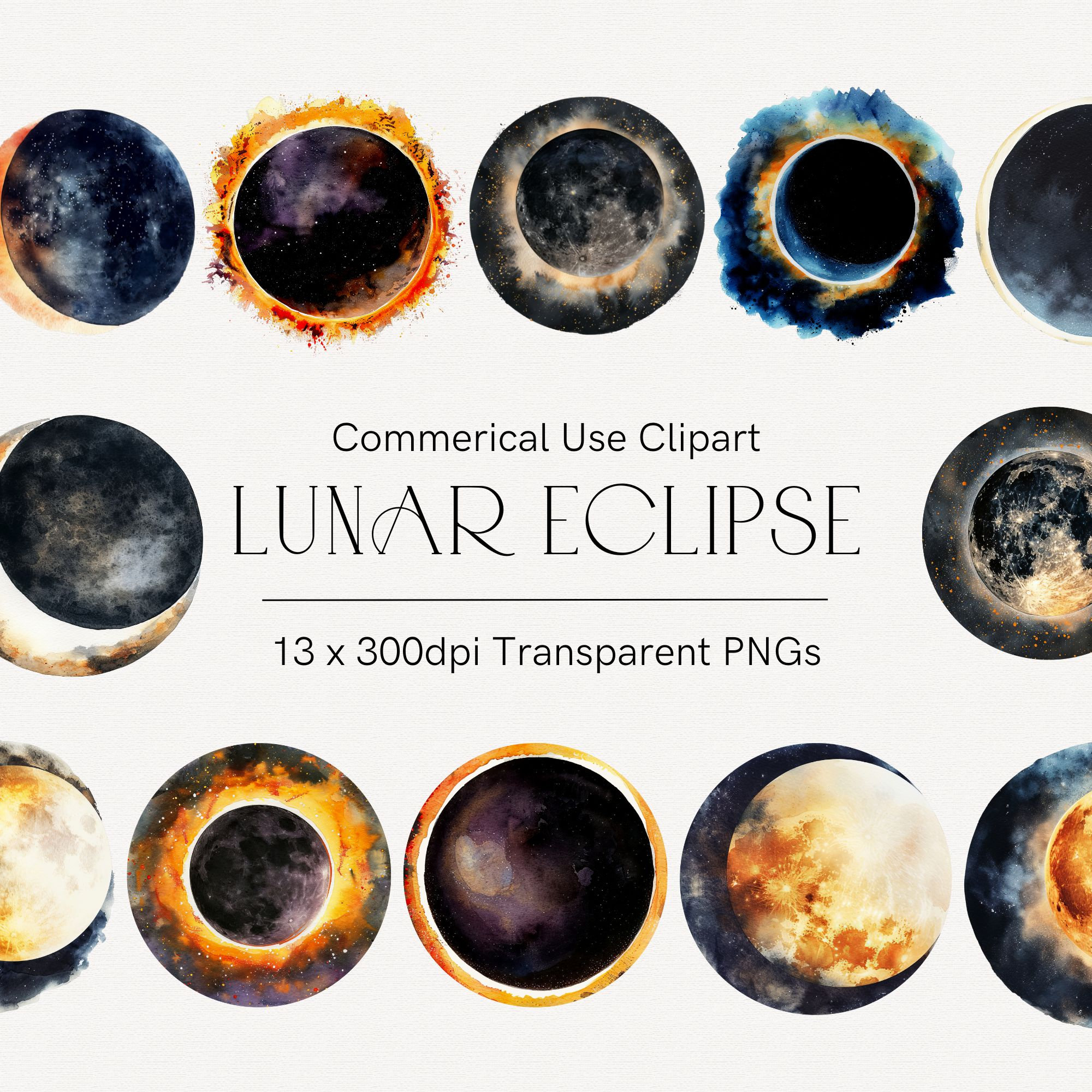 Lunar Eclipse Clipart, Watercolor Eclipse, Moon Phase PNG, Celestial ...