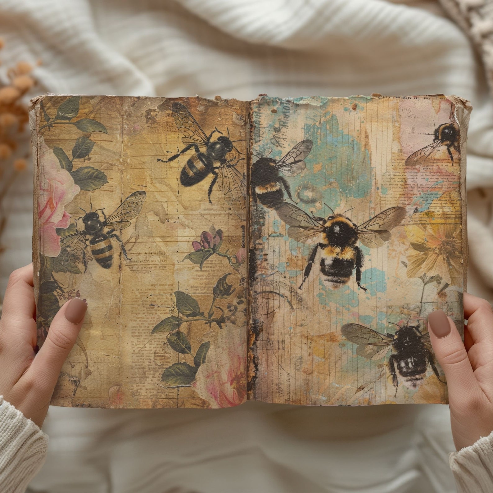 Bee Junk Journal Printable, Vintage Paper, Old Bees Collage, Craft Kit
