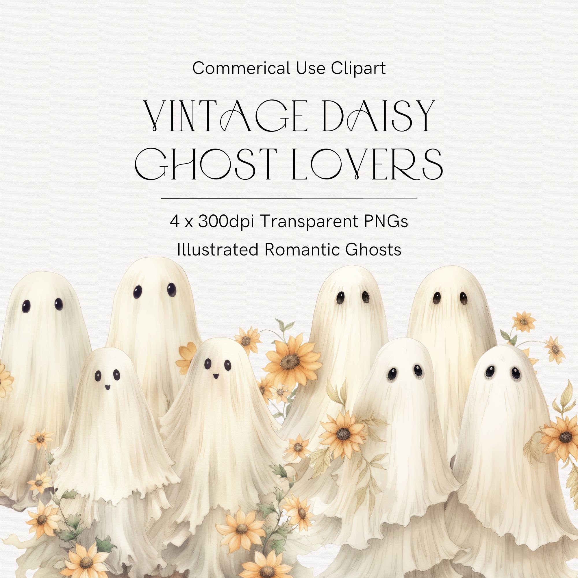 Daisy Ghosts Halloween Clipart, Cute Ghost Clipart, Floral Ghosts ...
