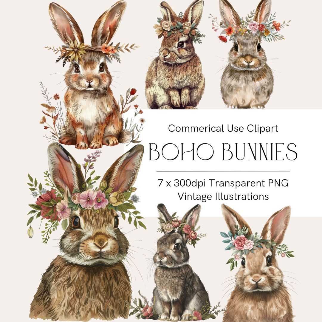 Boho Bunny Clipart, Boho Easter Clipart, Spring Flower Crown, Nursery ...