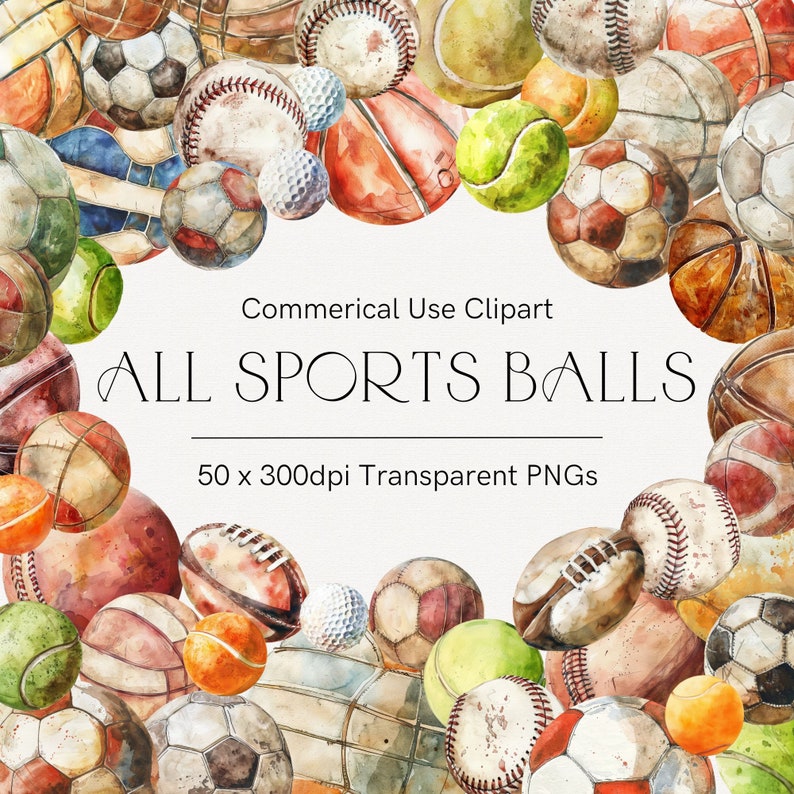 Sports Balls Bundle Clipart, Ball Sports Png, Watercolor Soccer ...