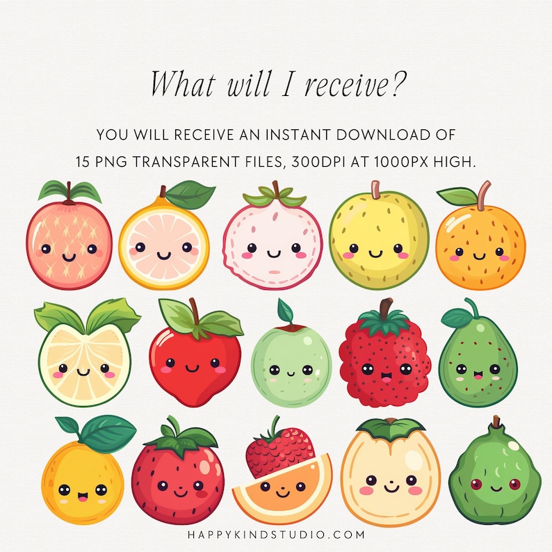 Cute Fruit Clip Art, Kawaii Fruit Clip Art, Cute Fruits Icons, Fruit ...