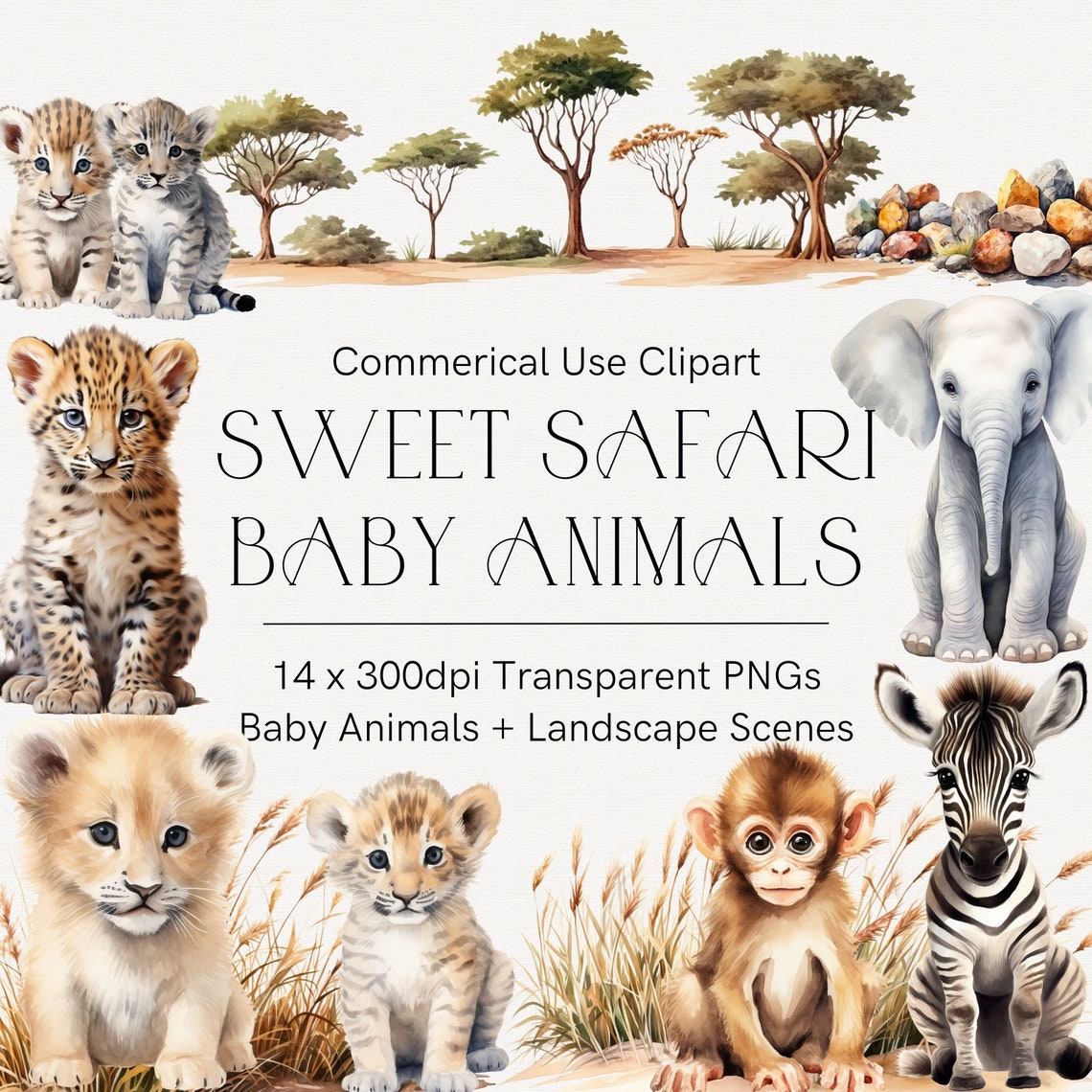 Baby Safari Animals Clipart, Watercolor African Animals, Transparent ...