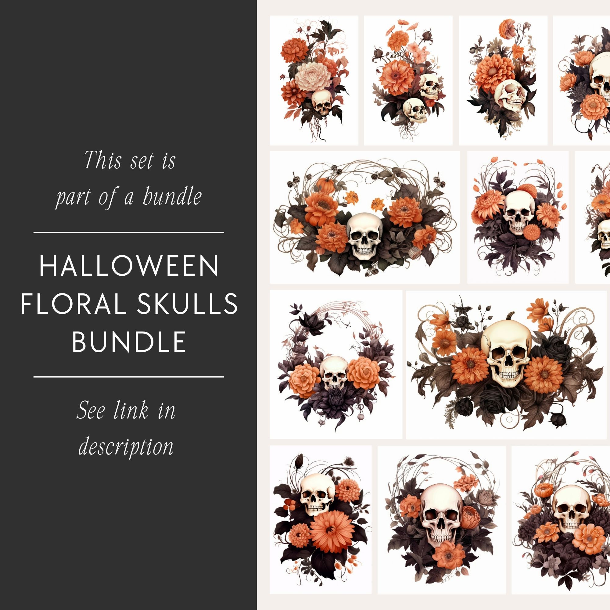 Halloween Clipart, Halloween Flowers Clipart, Flowers and Skulls ...